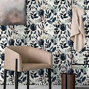 MuralPeel Dark Blue/Yellow Leaf Floral Peel and Stick Wallpaper Vintage Easy Peel Off Self Adhesive Removable Stick on Wall Paper for Kitchen Cabinet Renter Friendly