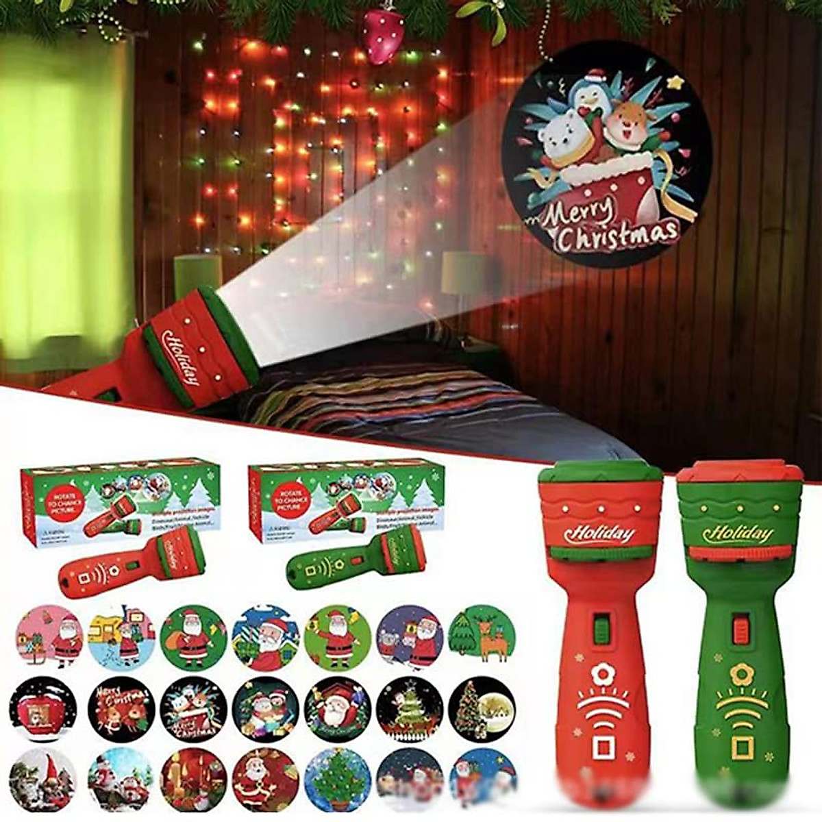 MONEYN Slide Projector Torch Projection Light, Christmas Day Children's Light Projector Fun Lighting Flashlight, Kids Toddler Fun Cognition Bedtime Education Projection Light (Random Color 1pcs)