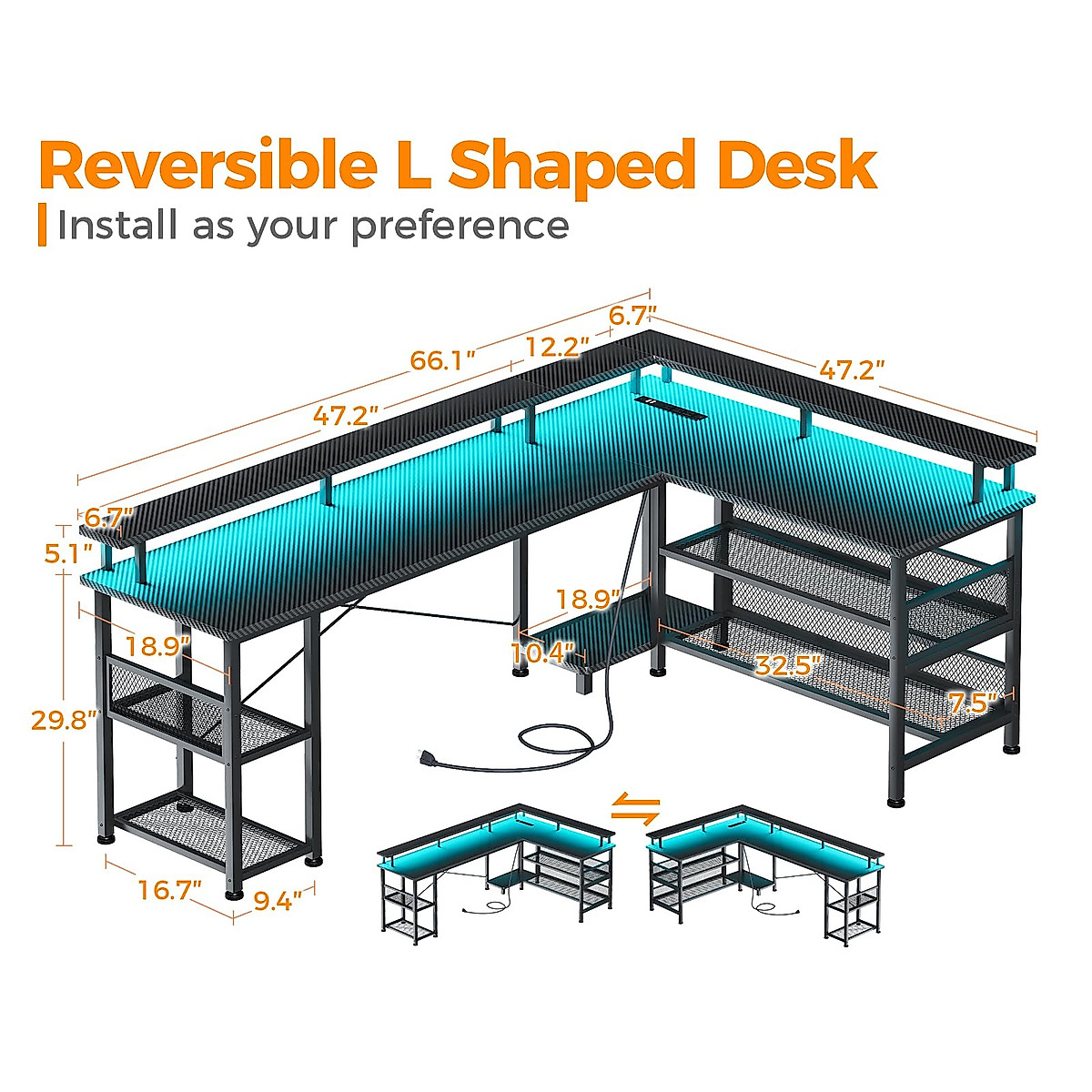 ODK 66" L Shaped Gaming Desk with Power Outlet and LED Lights, PC Gaming Table with Carbon Fiber Texture, Reversible L Shape Desk with Storage Shelves & Monitor Stand, Home Office Desk, Black