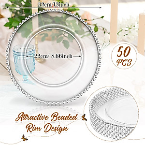 50 Pieces Clear Charger Plates Bulk 13 Inch Plastic Round Dinner Plate with Beaded Rim Acrylic Embossed Dinner Chargers Decorative Plates for Home Kitchen Party Wedding Events Dinner Tabletop Decor