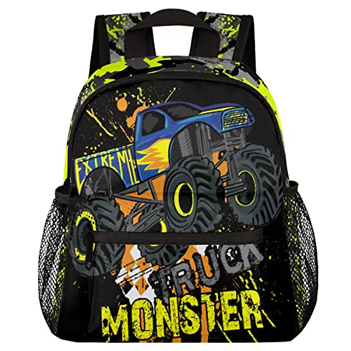 cfpolar Yellow Monster Trucks Car Kids Backpacks for Boys, Cute Toddler Backpack Preschool Kindergarten Elementary School Backpack Lightweight Mini Shoulder Bookbag Casual Daypack with Chest Strap