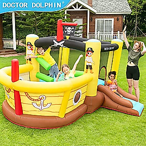 Doctor Dolphin Bounce House Inflatable Slide with Obstacles - Blower - Pirate Ship Theme - Ball Pit - Basketball Hoop, Inflatable Bouncers for Toddlers Kids 2 - 12 Outdoor or Indoor