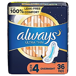Always Ultra Thin Pads Size 4 Overnight Absorbency Unscented with Wings, 36 Count