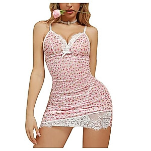 SOLY HUX Sexy Lingerie Set for Women Valentine's Day Gift Babydoll Lingerie Dress Nightgown 2 Piece Lace Pajamas Pink Floral S