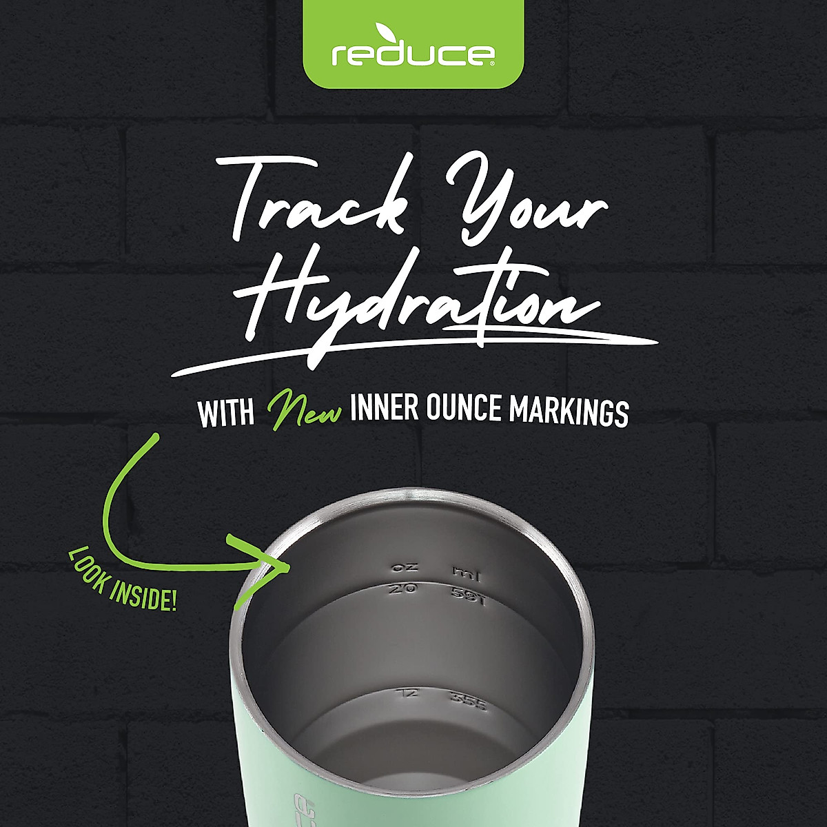 REDUCE Cold1 24 oz Tumbler with Lid and Straw - Dual-Wall Vacuum Insulated Stainless Steel Tumbler - Keeps Drinks Cold up to 24 Hours - Inner Ounce Markings to Track Hydration - OG Matcha