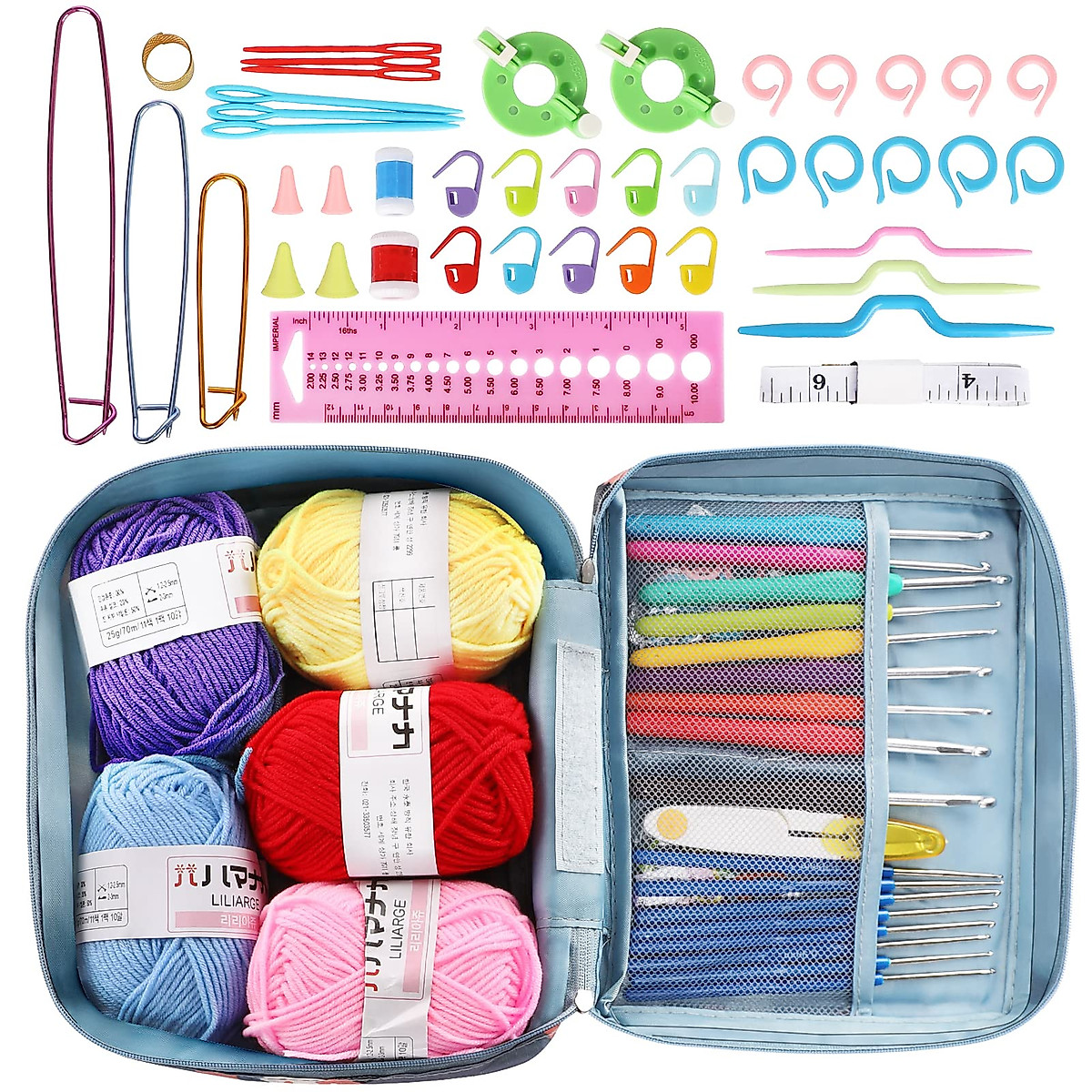 67 Pcs Crochet Hook Set with Case Globalstore Crochet Kit with Yarn, Ergonomic Crochet Kits Include 5 Roll Yarn, Knitting Needles and Other Supplies, Full Crochet Starter Kit for Beginners Adults