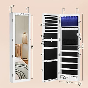 SONGMICS 6 LEDs Mirror Jewelry Cabinet, 47.2-Inch Tall Lockable Wall or Door Mounted Jewelry Armoire Organizer with Mirror, 2 Drawers, White UJJC93W