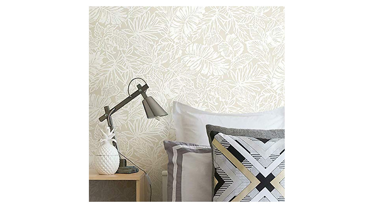 Beige Batik Tropical Leaf Peel and Stick Wallpaper