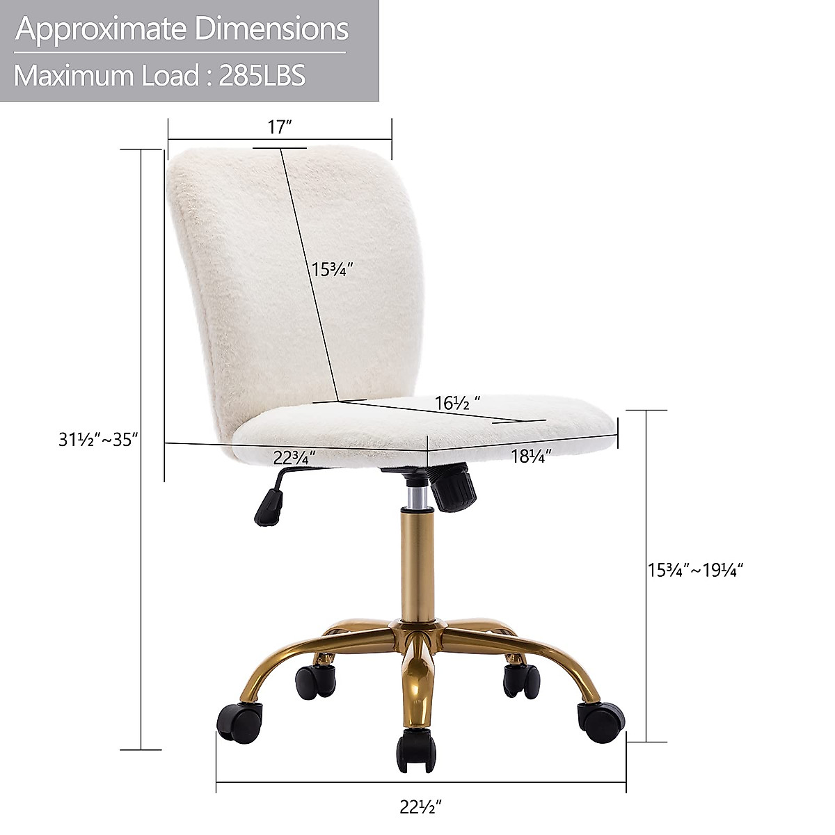 DUHOME Faux Fur Home Office Desk Chair, Modern Fluffy Fuzzy Vanity Chair with Wheels Golden Base Height Adjustable Swivel Task Chair for Girls Women, White & Faux Fur
