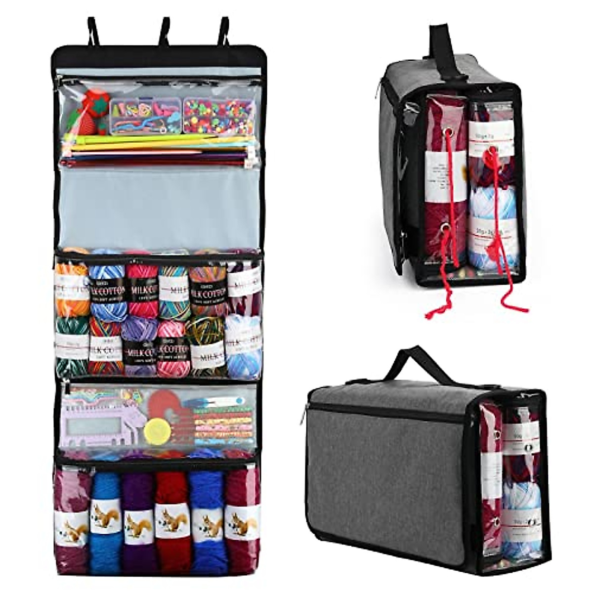 Ai CAR FUN Hanging Yarn Knitting Storage Organizer with 4 Compartments, Clear Wall Display Bulky Yarn Organizers Over The Door, Hanging Bags for Knitting Needles, Crochet Hooks