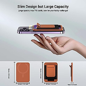 Alfuvcona Magnetic Card Wallet Holder for MagSafe Card Wallet with Strap Leather Wallet for iPhone 15/14/ 13/12 Series Phone Wallet Compatible with Apple Magsafe - Hold 7-8 Cards, Brown