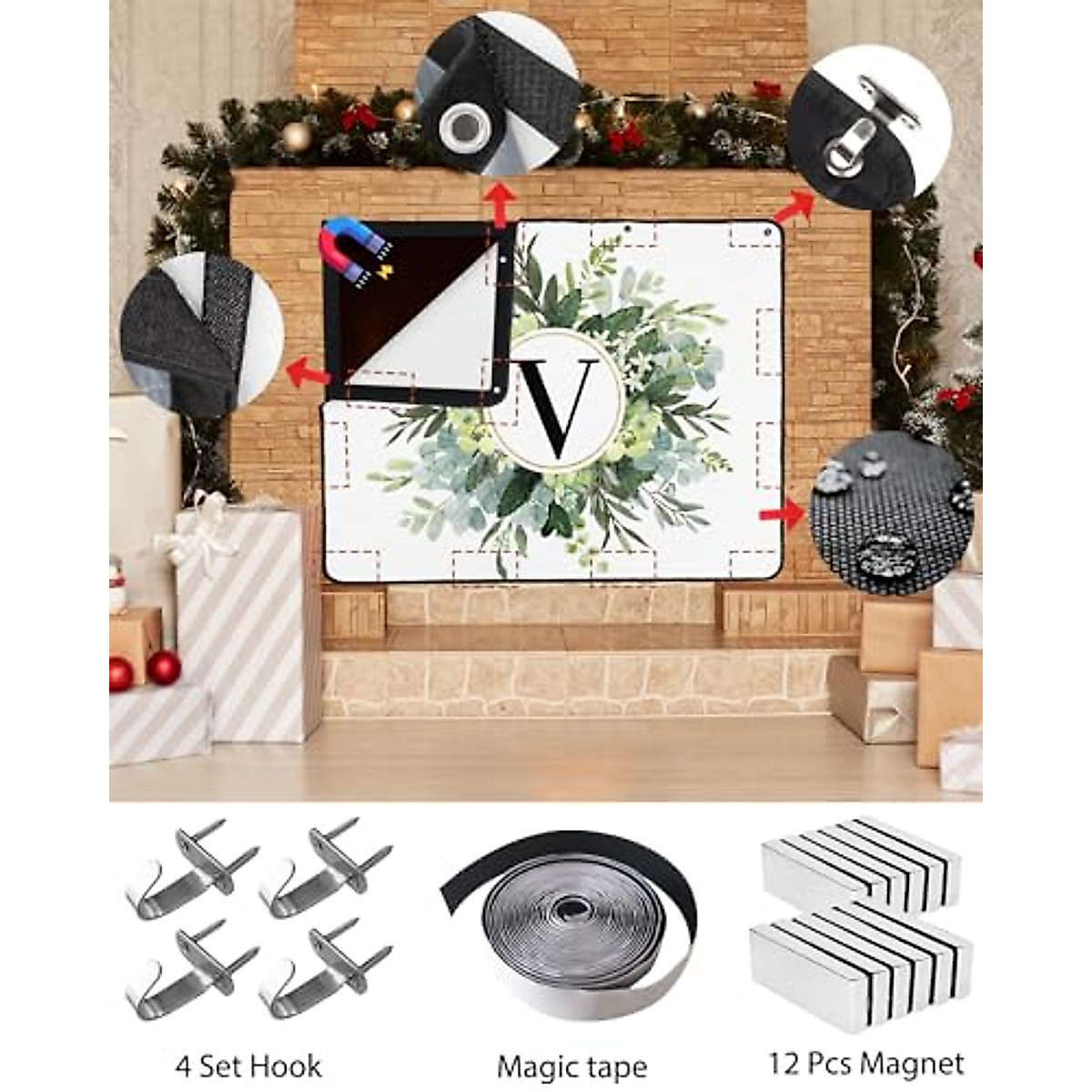 Fireplace Screen Magnetic Fireplace Cover for Living Room Washable Indoor Fireplace Draft Cover Christmas Fireplace Screens,Save Energy Stops Heat Loss,Letter V, Farmhouse Eucalyptus Wreath 51"x39"