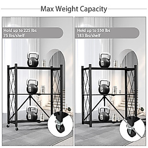 Yuanjimi 3 Tier Foldable Storage Shelf with Wheels, Heavy Duty Garage Shelving Unit Loads 550 LBS, Metal Steel Collapsible Shelves, Rolling Standing Utility Rack for Kitchen, Pantry, Office, Black