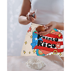Puerto Rico Flag Rainbow Server Aprons with Pockets, Waiter Waitress Aprons Waterproof, Khaki Star Hearts Half Waist Apron for Restaurant Women Men, 24 x 13 Inch