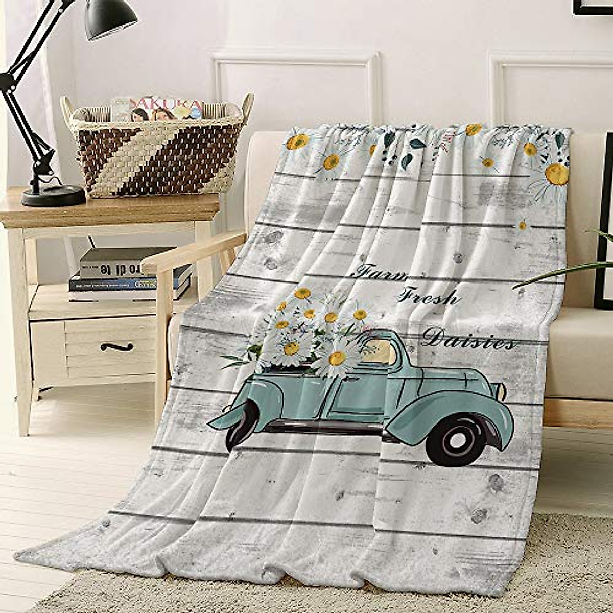 Truck Daisy Flower Throw Blanket 50" x 60", Lightweight Soft Bed Blanket for Bedroom Living Rooms, Cozy Fleece Comfy Microfiber Throw Blankets for Couch Sofa, Wild Floral Fresh Design Farmhouse Plank