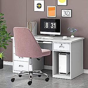 HOMEFLA Home Office Modern Linen Swivel Task Upholstered Fabric Desk Chair Armless with Wheels, Middle, Pink