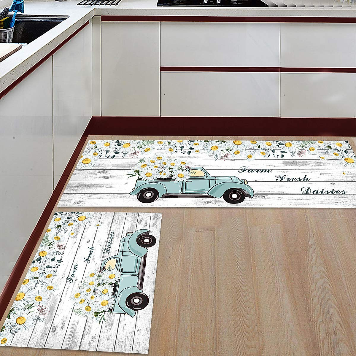 Kitchen Rugs and Mats Sets of 2 Truck Daisy Flower Non-Slip Rubber Backing Area Rugs Washable Runner Carpets for Floor, Kitchen Wild Floral Fresh Design Farmhouse Plank 15.7x23.6+15.7x47.2inch