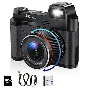 YEEIN 4K Point and Shoot Digital Cameras for Photography and Video, 48MP Anti-Shake Manual Focus Vlogging Camera with 32G Card, 3'' Screen Portable Camera for Beginners
