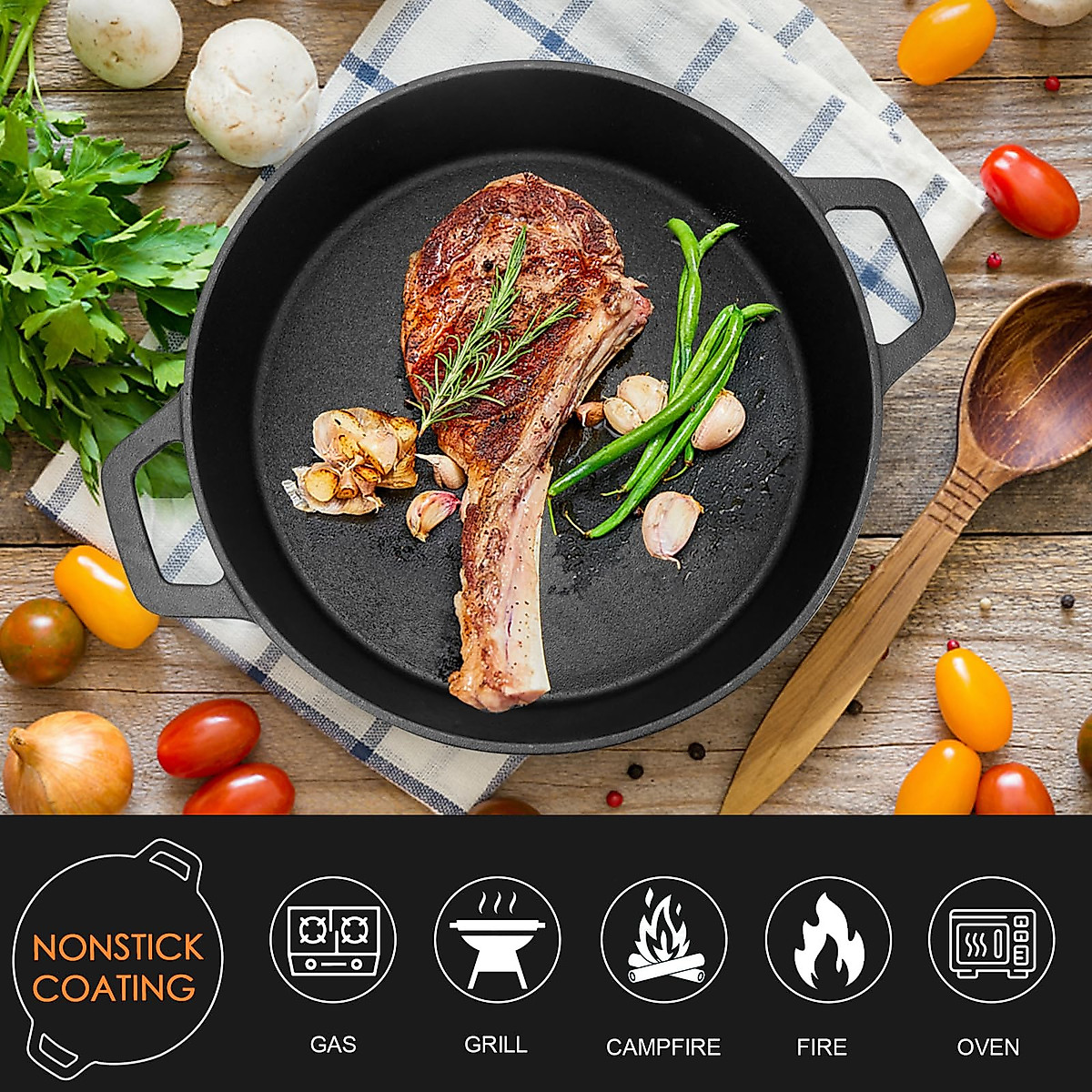 GEDIAO 3IN1 Pre-Seasoned Cast Iron Pan With Reversible Grill Griddle Lid, Multi Cooker Deep Roasting Grill Pan, Dutch Oven with Lid, Non-Stick Open Fire Camping, 5.2QT