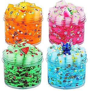 4 Packs of Jelly Cube Crystal Slime Kit, pre-Made Crisp Glue Boba Slime Party Gifts for Girls and Boys, DIY Kids Shimmer Clear Slime, Soft Stretch and Non-Stick Soft Putty Birthday Slime Toys