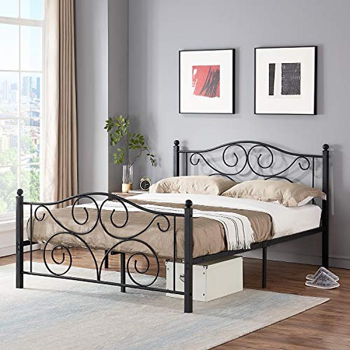 VECELO Metal Bed Frame with Headboard and Footboard, Iron Mattress Foundation No Box Spring Needed, Heavy Duty/Easy Set Up, Queen, Black