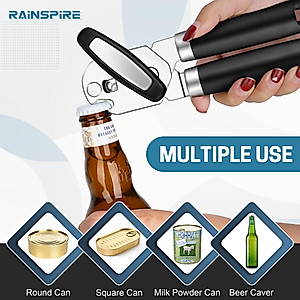 Rainspire Can Opener Manual Handheld Strong Manual Can Opener Smooth Edge Cut, Can Opener Heavy Duty, Comfortable Soft Handle, Built-in Bottle Opener, Black