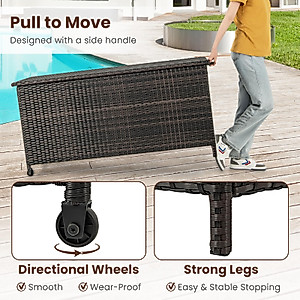 Tangkula Rattan Deck Box, 85 Gallon Storage Container with Waterproof Liner, Wheels & Gas Strut, Indoor Outdoor Wicker Storage Cabinet, Storage Furniture for Pillows, Cushions (Brown)