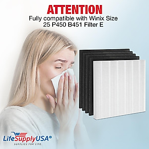 LifeSupplyUSA Complete Replacement Filter Set (1 True HEPA Air Cleaner Replacement Filter + 4 Carbon Filters) Compatible with Winix Size 25 P450 B451 Filter E Air Purifiers