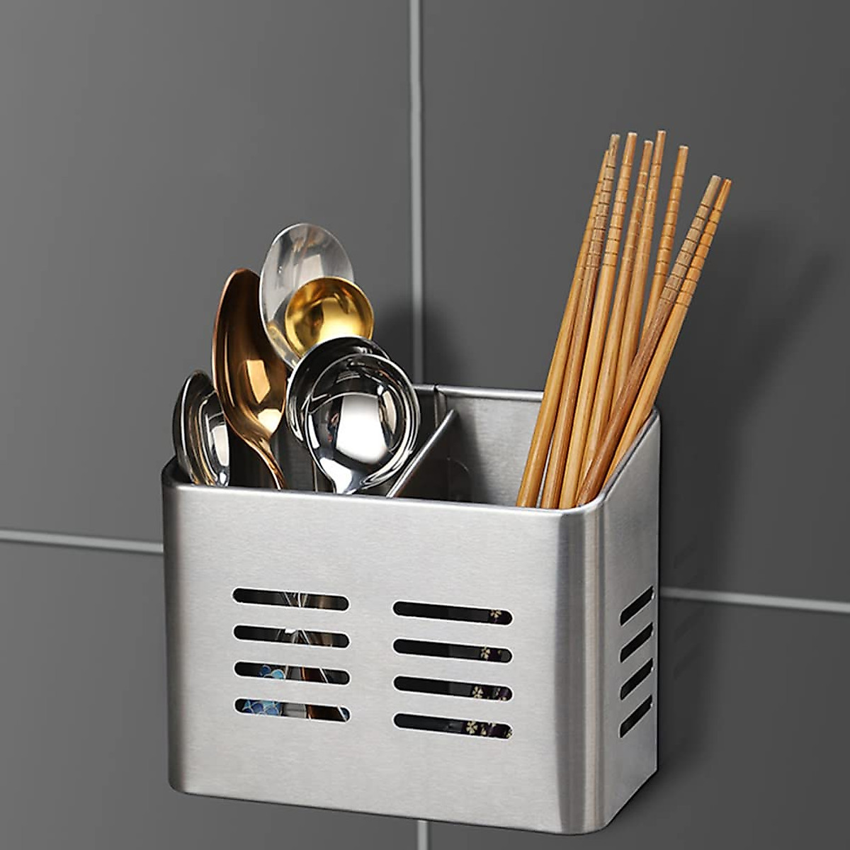 Hemoton Chopstick Utensil Holder Stainless Steel Cutlery Storage Holder Spoon Straw Basket Kitchen Container Kitchen Display Organizer For Kitchen Countertop Silver