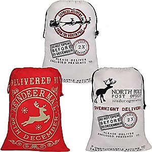 JOYIN 3 Santa Burlap Sack Christmas Gift Bags with Drawstring 26" x 19" for Large Xmas Package Storage, Event Party Supplies, Christmas Party Favors.