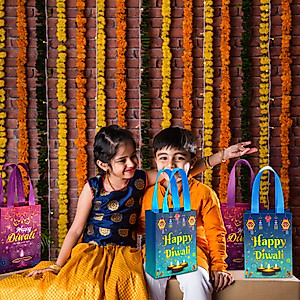 Windyun 48 Pcs Happy Diwali Gift Bags Non Woven Diwali Theme Party Gift Bag with Double Handles Diwali Favor Bags Tote for Diwali Festival of Lights Themed Party Treat Snacks Candy Favors Decorations