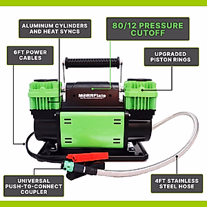 MORRFlate TenSix 10.6 CFM 150 PSI Portable 12v Off-Road Dual Cylinder Air Compressor with 4FT Stainless Steel Hose Includes Carrying Bag and Elastic Nylon Gloves