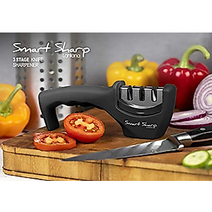 Lantana Smart Sharp Knife Sharpener - Professional 3 Stage Manual Sharpener for Sharpening Kitchen Knives - Ceramic Stone, Tungsten Carbide Plates, Diamond rods. Ergonomic Design, Black/Chrome Finish