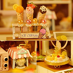 TuKIIE DIY Miniature Dollhouse Kit with Furniture, 1:24 Scale Creative Room Mini Wooden Doll House Accessories Plus Dust Proof for Kids Teens Adults(Ice Cream Shop)