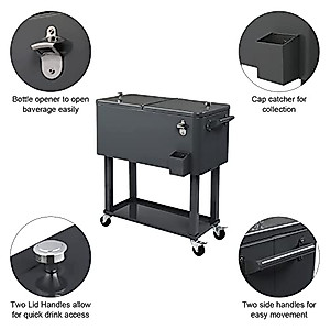 Outvita 80 Quart Rolling Ice Chest, Portable Bar Drink Cooler with Catch Basin, Bottom Storage Tray and Bottle Opener for Patio Party BBQ Beach Activities (Dark Gray)