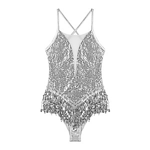 JEATHA Women Sequin Mesh Patchwork Camisole Ballet Leotard Crisscross Back Tassel Hem Gymnastic Dancewear Silver Medium
