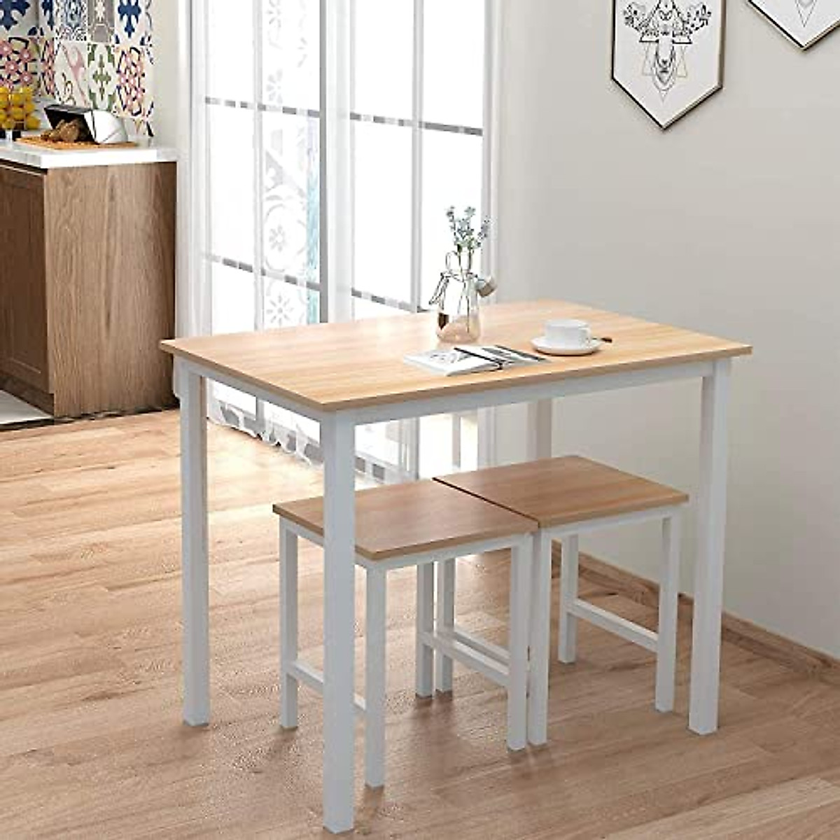 MIERES Small Dining Table Set for 2, Modern Bistro Table and Chairs Set of 2, Small Bar Table and Stools, Kitchen Furniture Counter Height, Compact & Durable, Easy Assembly, White Beige, Stools
