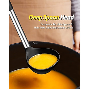 Silicone Pasta Fork and Ladle Spoon Set, Large Non Stick Kitchen Utensils for Cooking,Stirring,Serving Spaghetti, Soup, Sauce (BLACK)