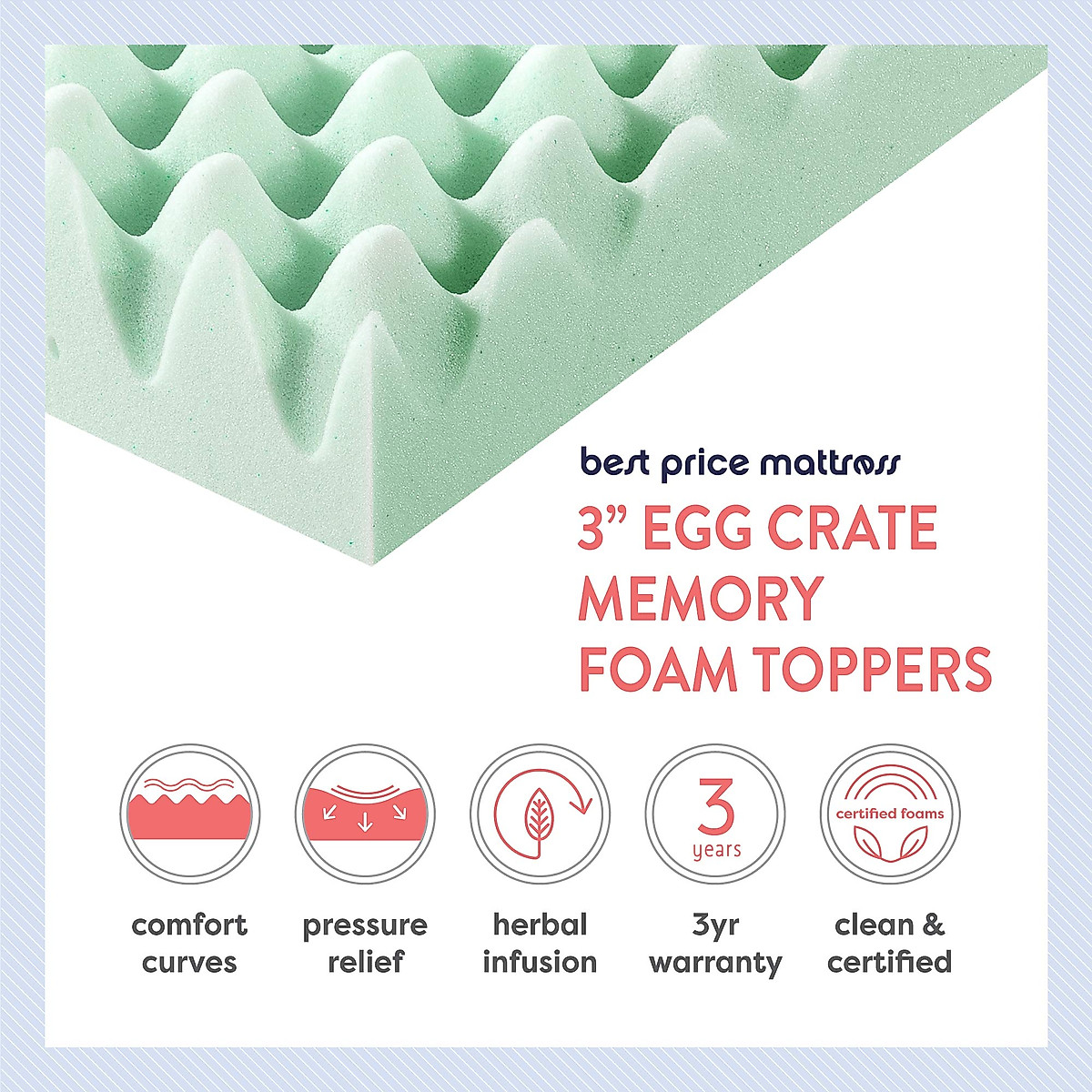 Best Price Mattress 3 Inch Egg Crate Memory Foam Mattress Topper with Calming Aloe Infusion, CertiPUR-US Certified, Short Queen