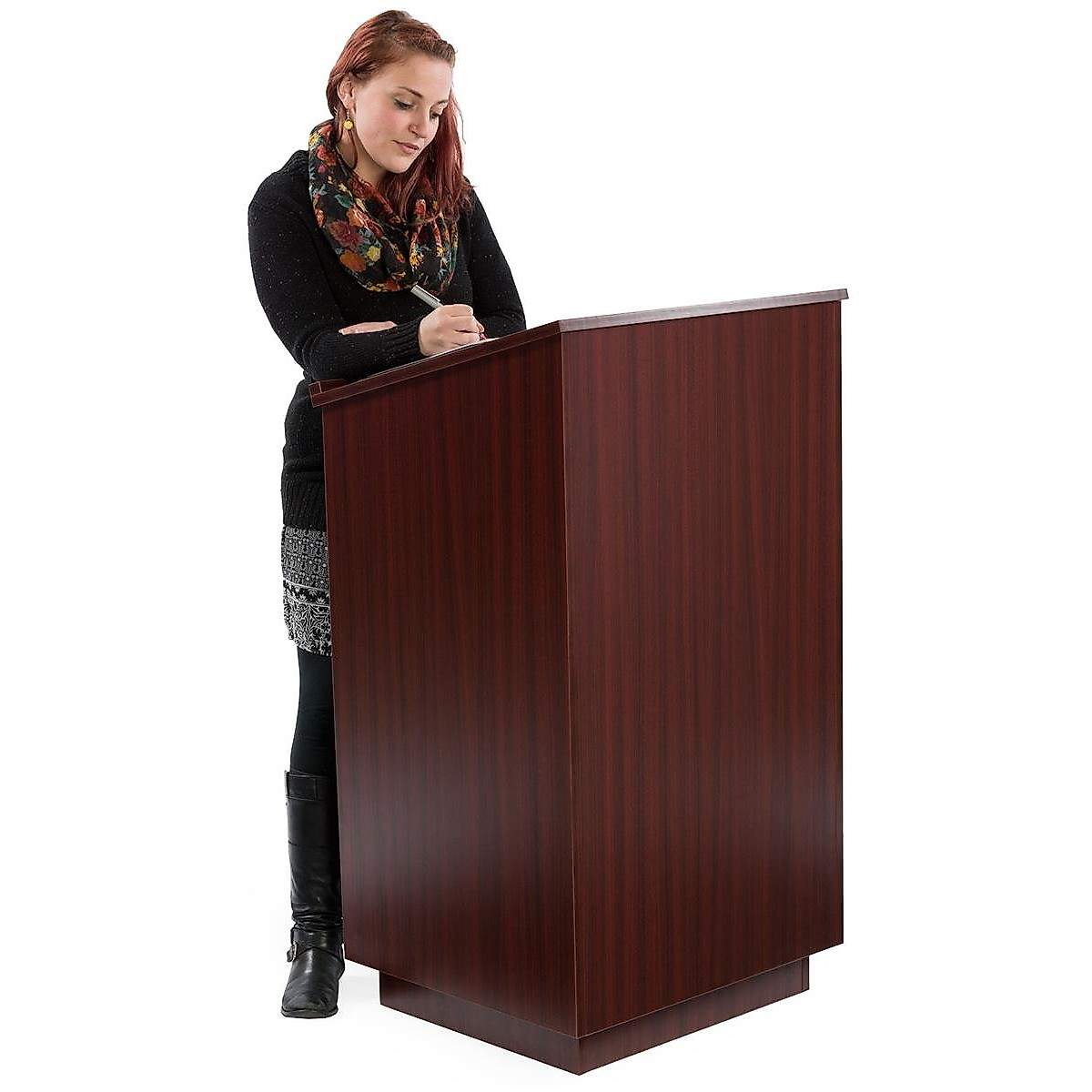45.5" Tall Podium with Locking Cabinet, Shelf, 25" Angled Surface with Lip (Mahogany)