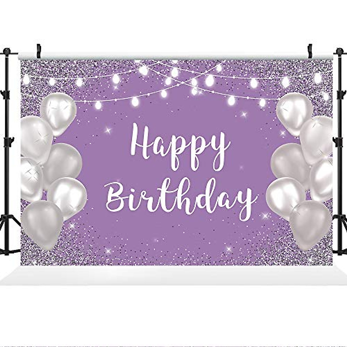 5×3ft Violet Purple Silver Happy Birthday Backdrop Girls Silver Balloon White Lights Girls 16th 20th 30th Birthday Party Banner Decorations Background Portrait Studio Props
