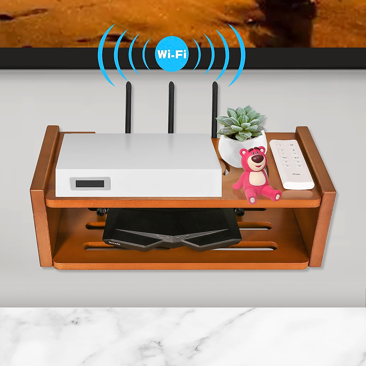 BAMTALK 2 Tiers WiFi Router Floating Shelves Under TV DVD, Wall Mounted & Table Top, Wooden Component Shelf for Media Console, Modem, Cable Box, PS4, Game Console, TV Accessories