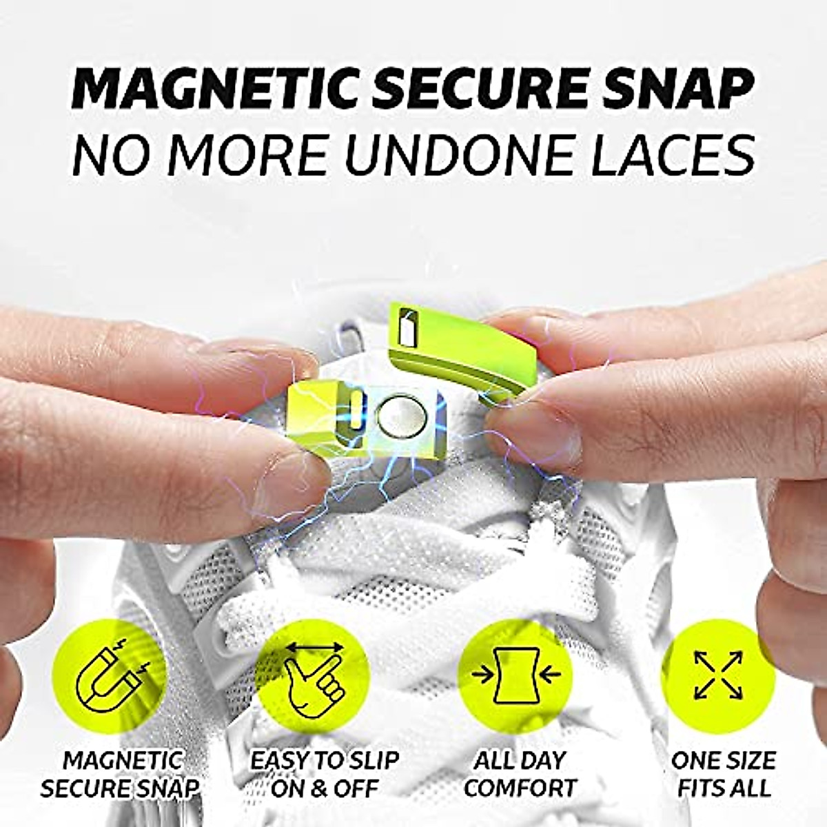 Set & Done 2 Pair Flat Elastic No Tie Shoe Laces for Sneakers, Adults & Kids with Tieless Smart Magnetic Locks (Black + White)