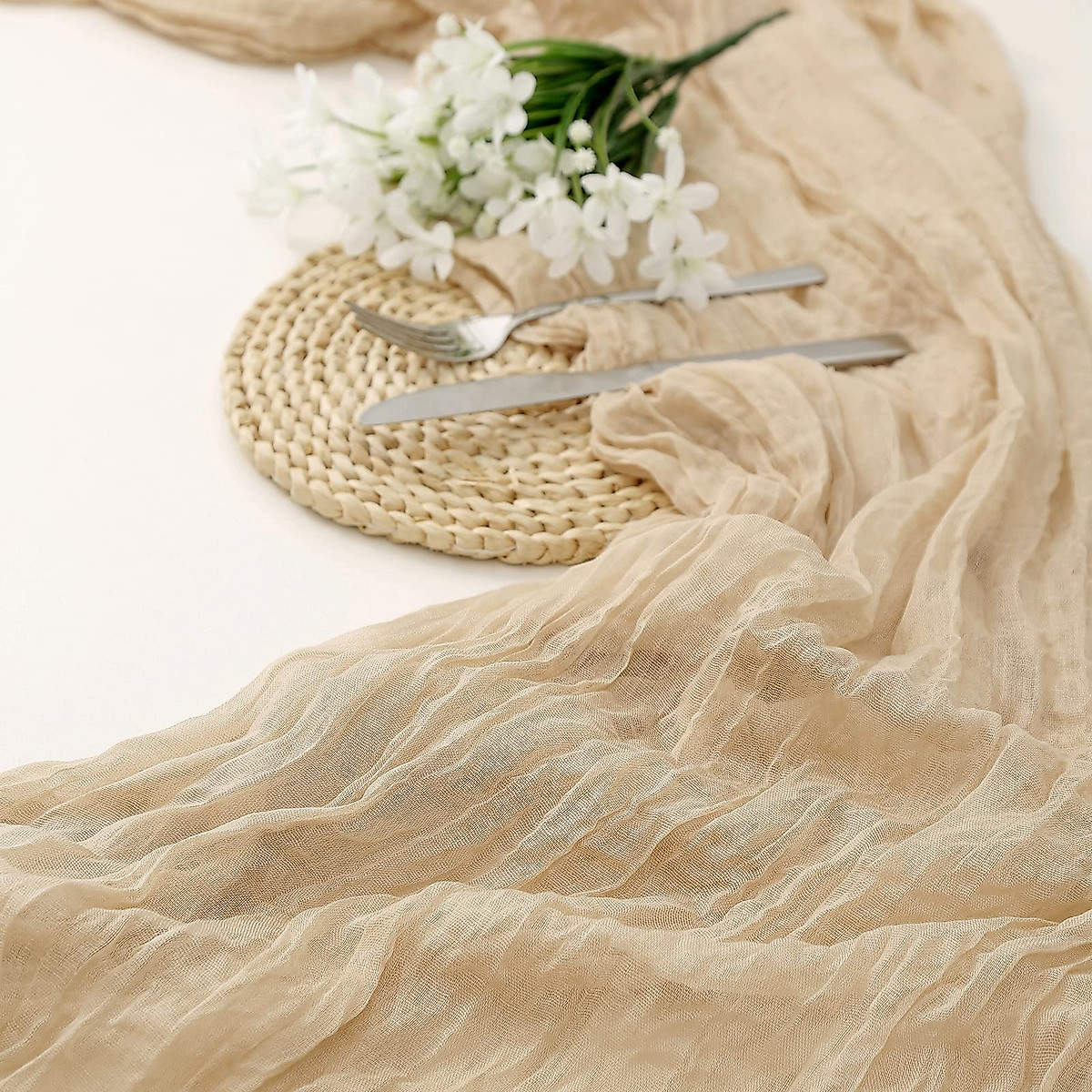 DOLOPL Beige Cheesecloth Table Runner 13.3ft Boho Gauze Cheese Cloth Table Runner Rustic Sheer Runner 160inch Long for Wedding Bridal Baby Shower Birthday Party Cake Table Decorations
