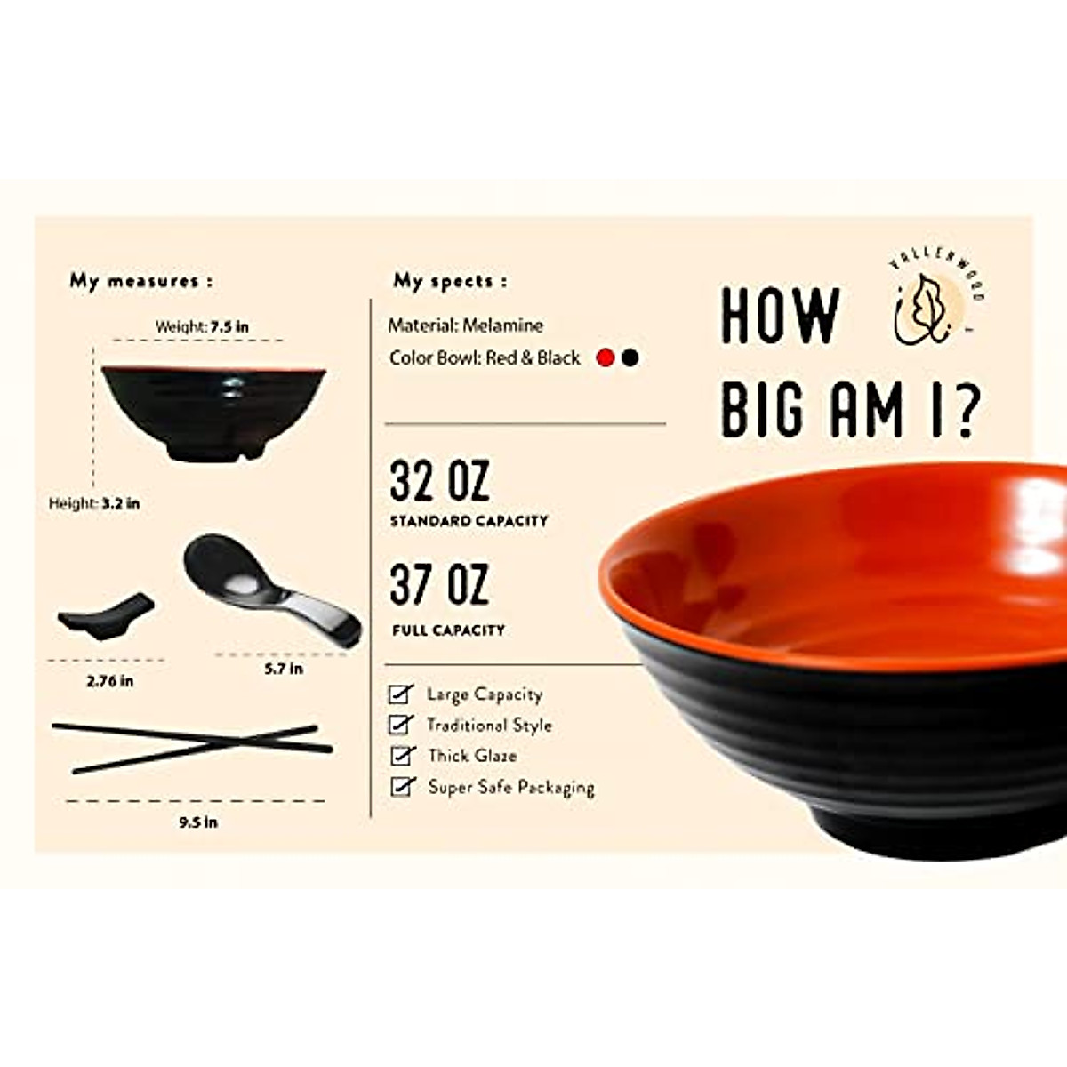 VALLENWOOD 4 set, 16 pieces. Ramen Bowl Set, Asian Japanese soup with Spoons Chopsticks and Stands, Restaurant Quality Melamine, Large 37 oz for Noodles, Pho, Noodle, Udon, Thai, Chinese dinnerware.