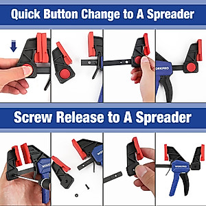 WORKPRO Mini Bar Clamps for Woodworking, 6"(2) and 4-1/2"(2), 4-Piece One-Handed Clamp/Spreader, Light-Duty Quick-Change F Clamp with 150lbs Load Limit Blue