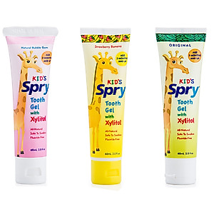 Spry All Natural Kids Fluoride Free Toothpaste Tooth Gel with Xylitol, Age 3 Months and Up Kids Toothpaste, Original, Bubblegum, Strawberry Banana, 2 Fl Oz (Pack of 3)