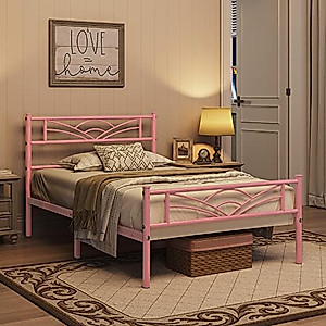 Yaheetech Twin Size Bed Frames Metal Platform Bed Mattress Foundation with Cloud-Inspired Design Headboard/Footboard/Ample Under Bed Storage/No Box Spring Needed/Pink