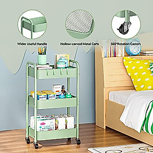 Anyyuk 3-Tier Rolling Storage Cart, Metal Utility Cart with Wheels and Hooks Mobile Art Cart Kitchen Organizer Storage Carts for Bathroom Office Bedroom