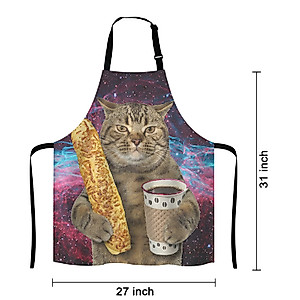 Lefolen Funny Galaxy Cat Adjustable Bib Apron, The cat is holding a cup of black coffee and a baguette Cooking Kitchen Apron for Men Women